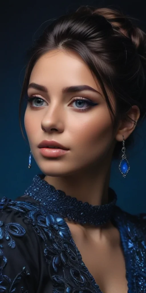 Stunning Portrait of a Young Woman in Elegant Blue Attire and Jewelry
