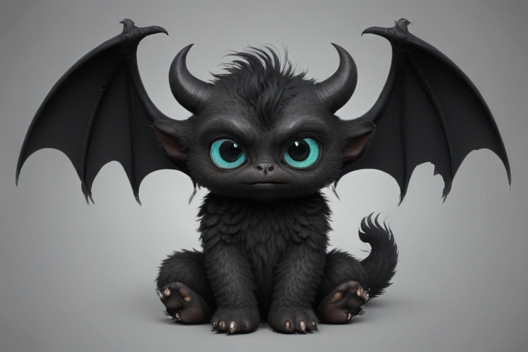 cute furry animal with hooves and big black horns with devil wings and ...