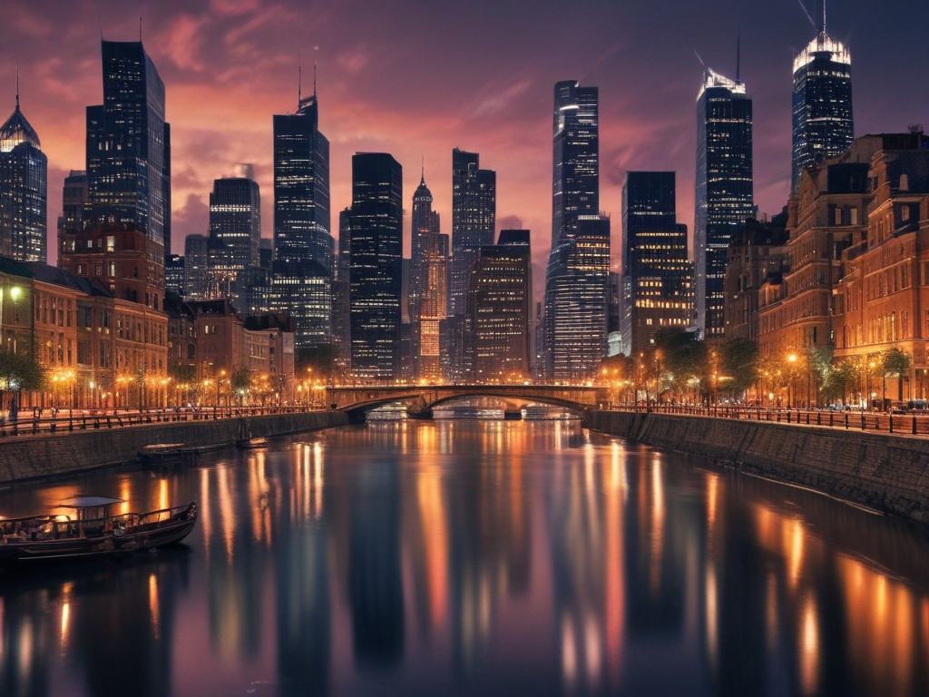 Stunning City Skyline Reflected in Serene River at Twilight Hour