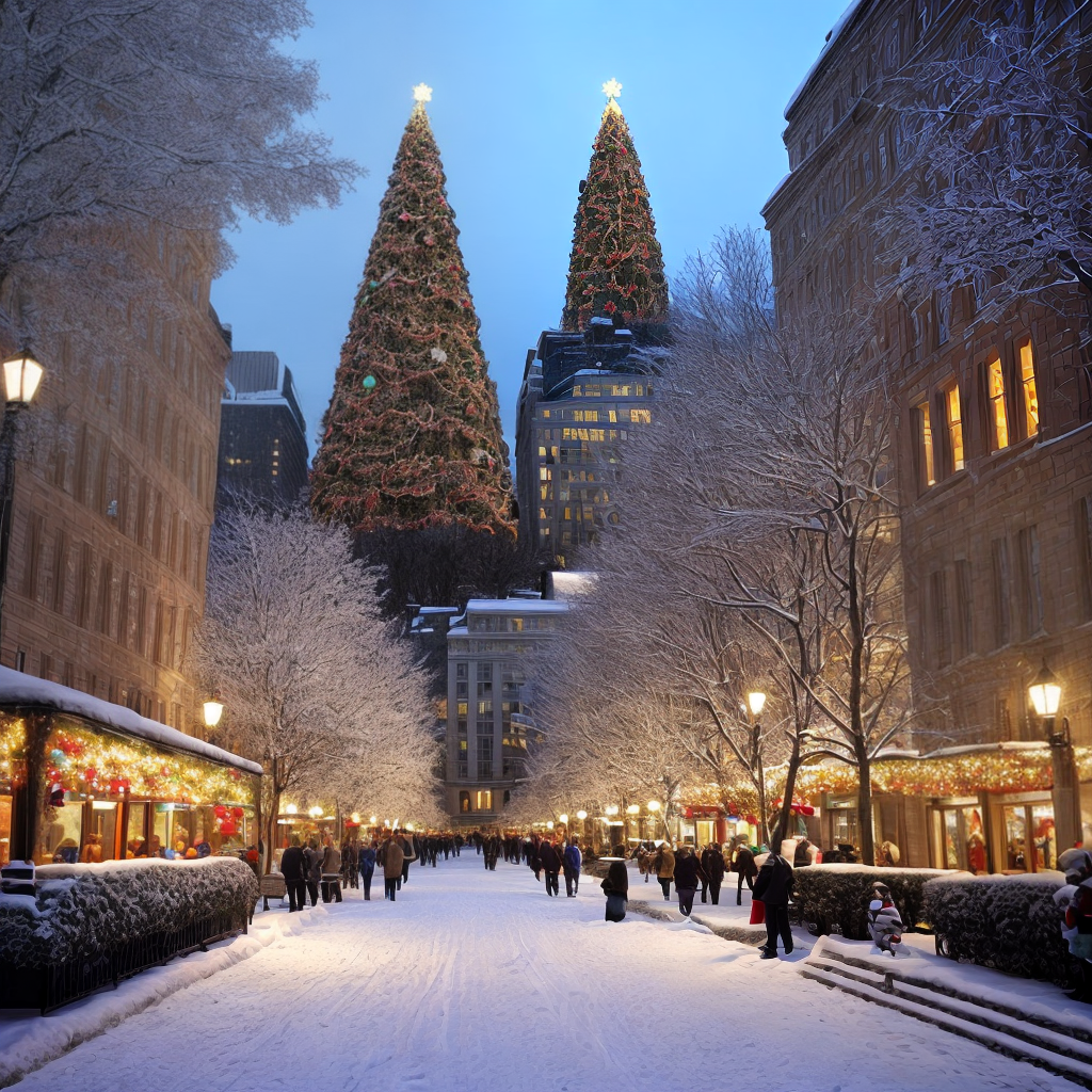 Realistic Beautiful Christmas city with people sharing gifts