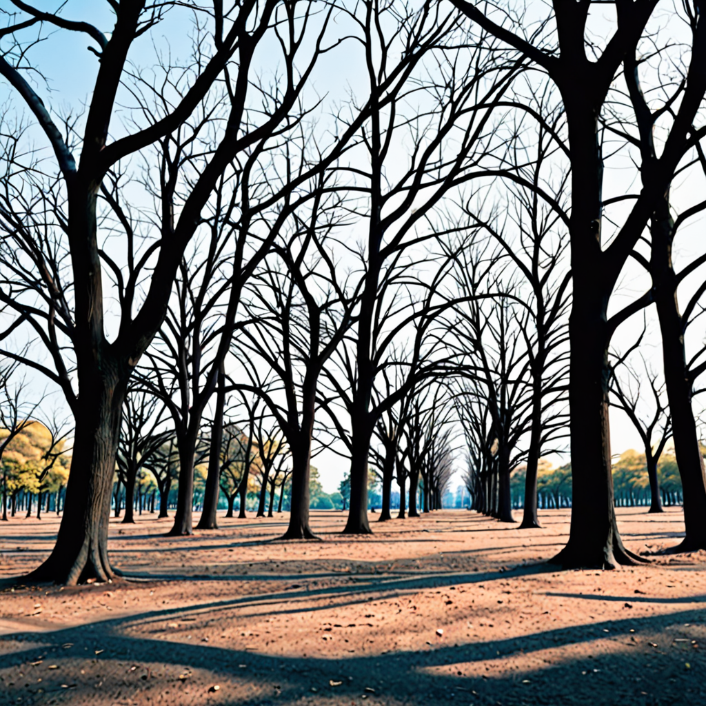 Dark and empty park with dead trees panoramic view anime style