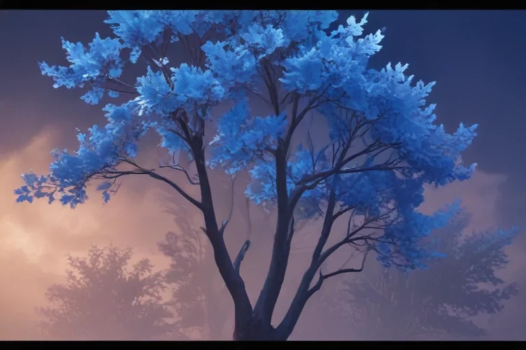 Majestic Tree with Frosty Blue Leaves Against a Dreamy Twilight Sky
