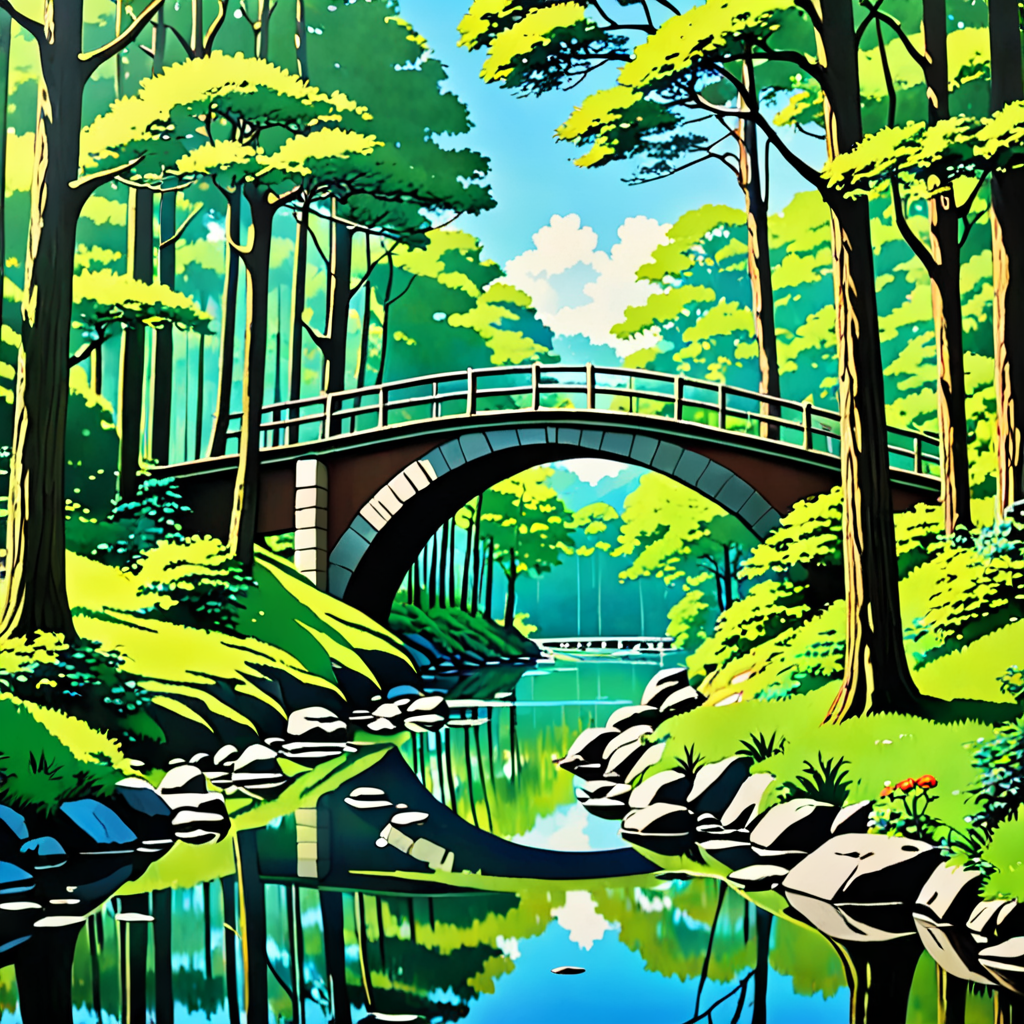 ghibli style forest with a river and a bridge (sunny day)