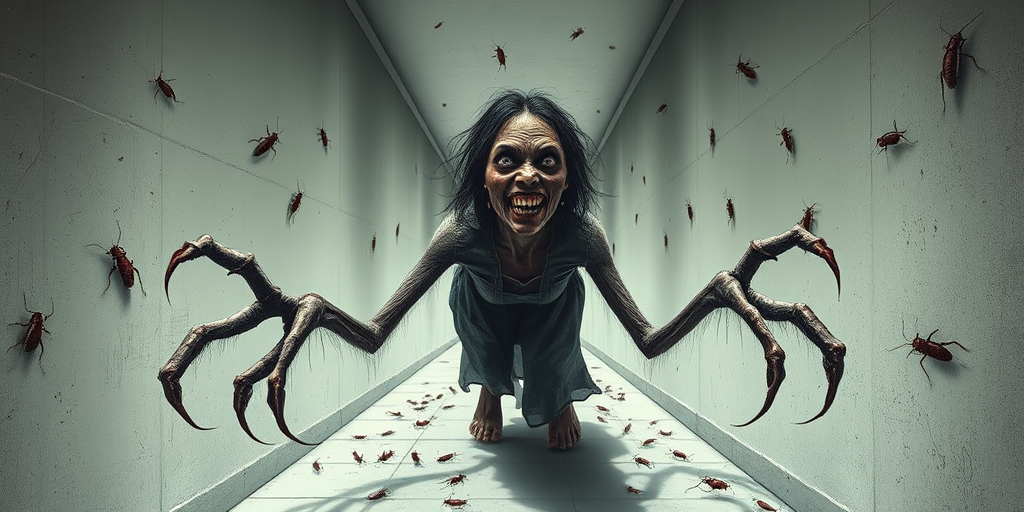 Terrifying Creature Crawls Down a Dark Hallway Infested with Cockroaches