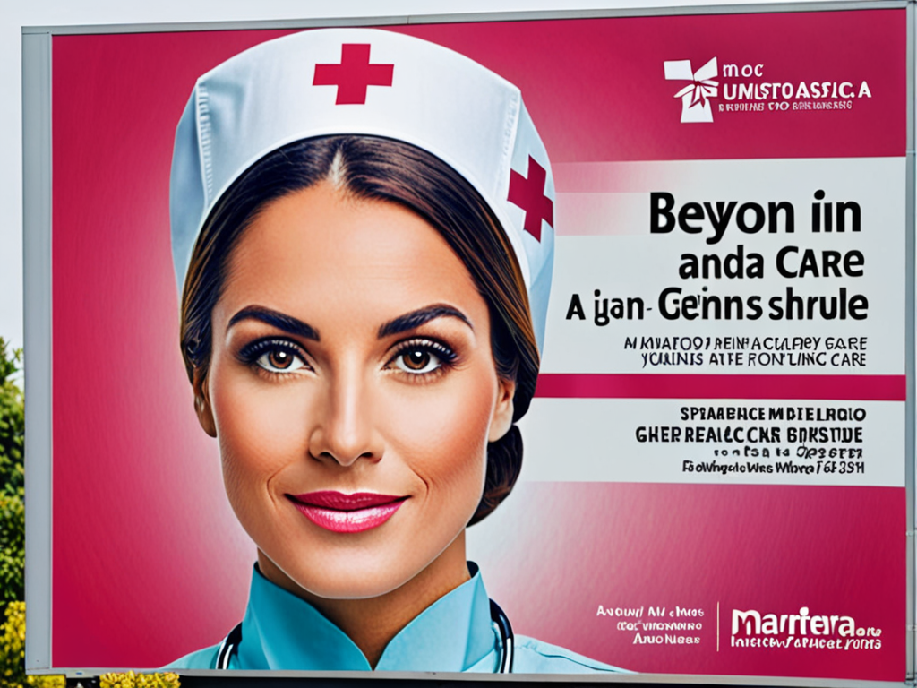 A Nurse in a Beyond Care Scrubs Ad printed on a billboard