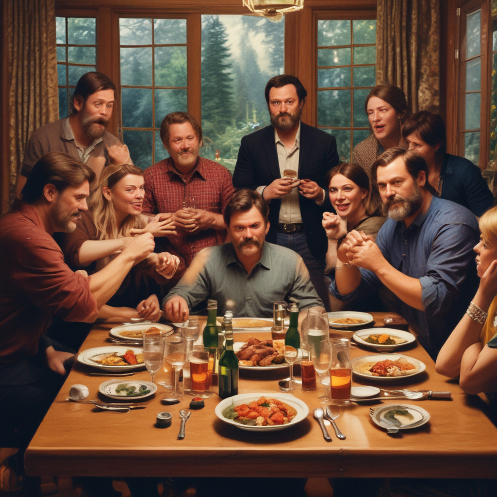 nick offerman at a dinner table with friends