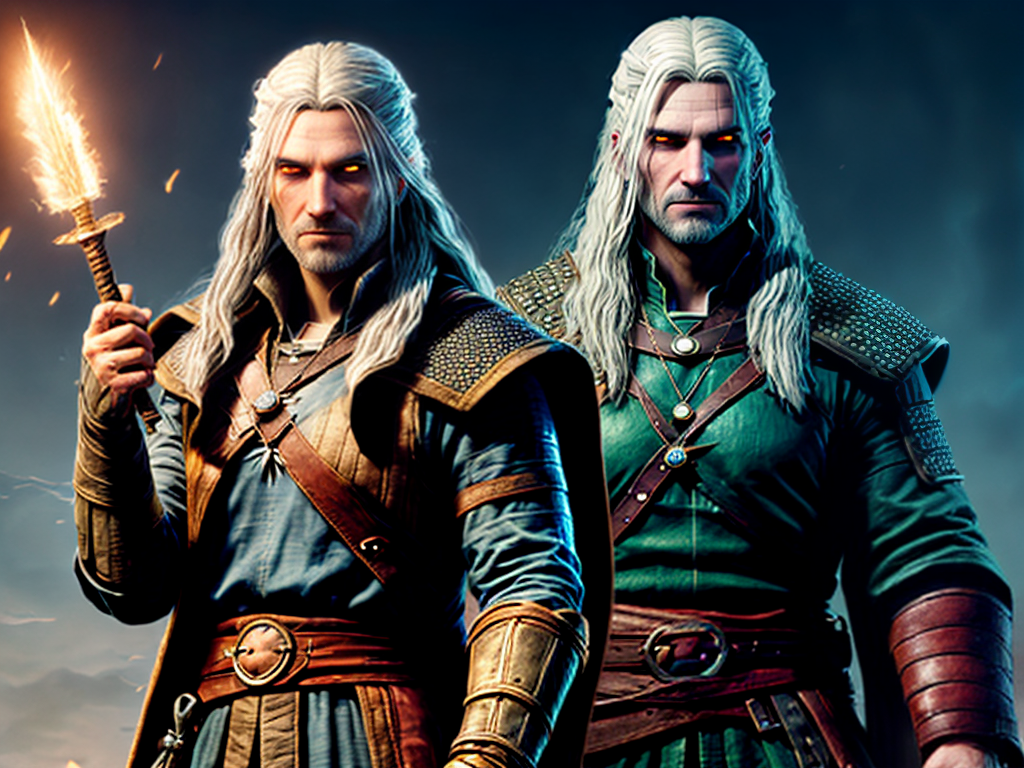 create a male wizard character, long white hair, with a staff emitting ...