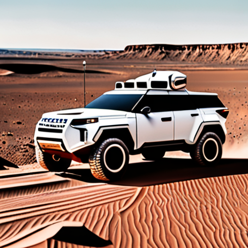 Car on Mars surface, on right side staying astronaut