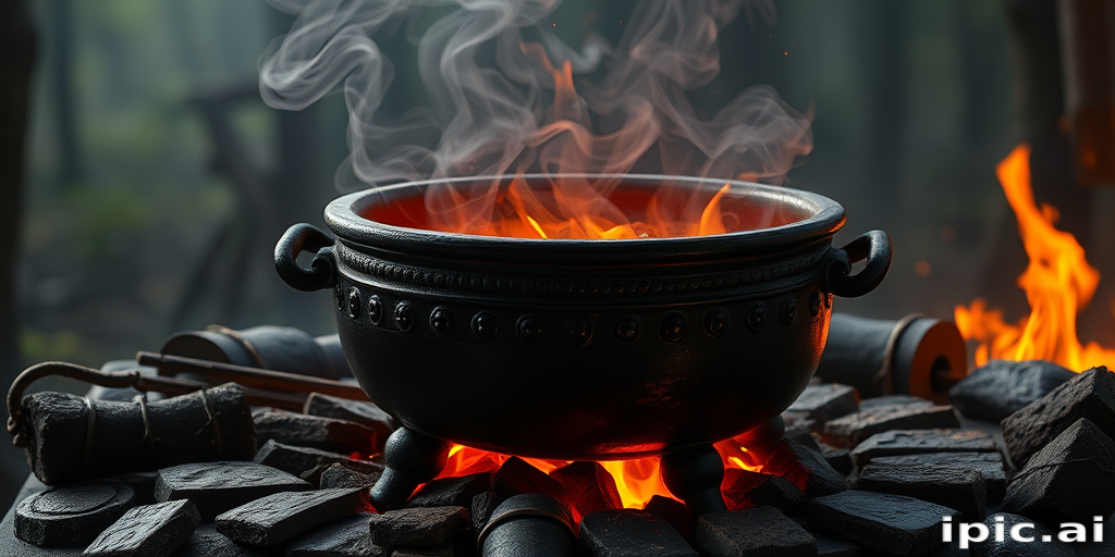Cauldron Over Fiery Flames with Wisps of Smoke in Enchanted Forest