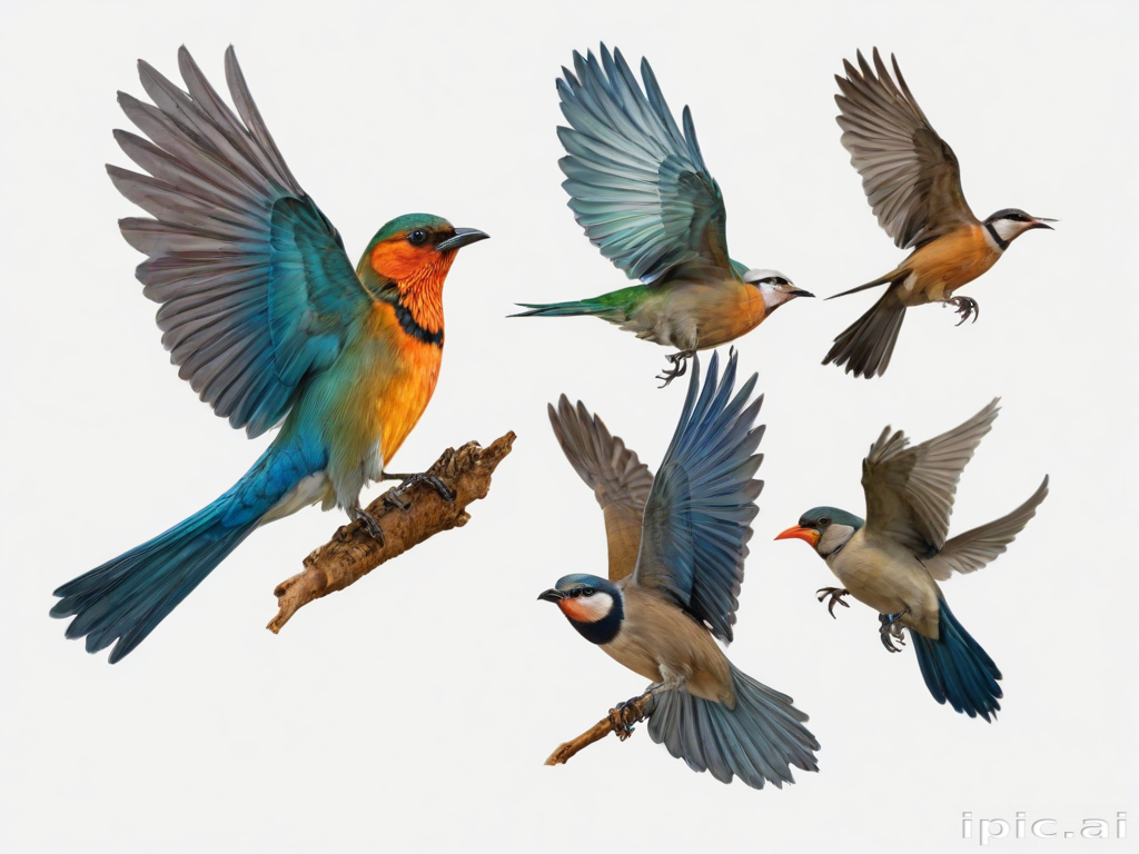 A Colorful Collection of Various Birds in Flight and Perching Positions