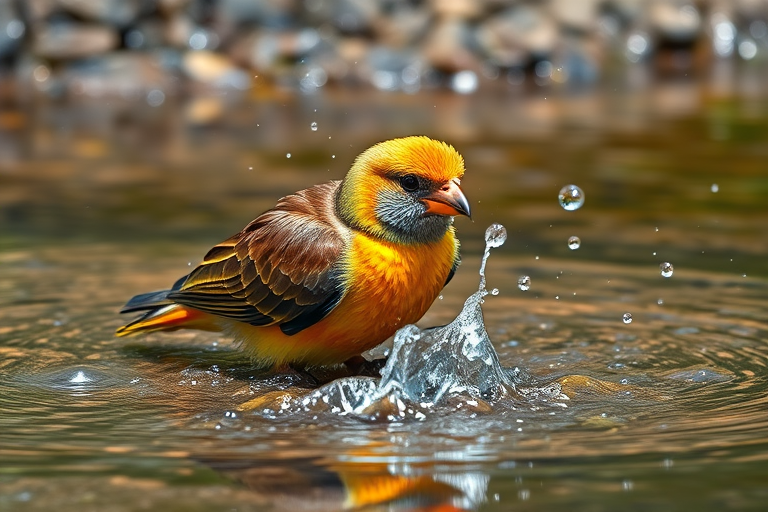 A Vibrant Bird Splashing Playfully in a Sunlit Water Pool Scene