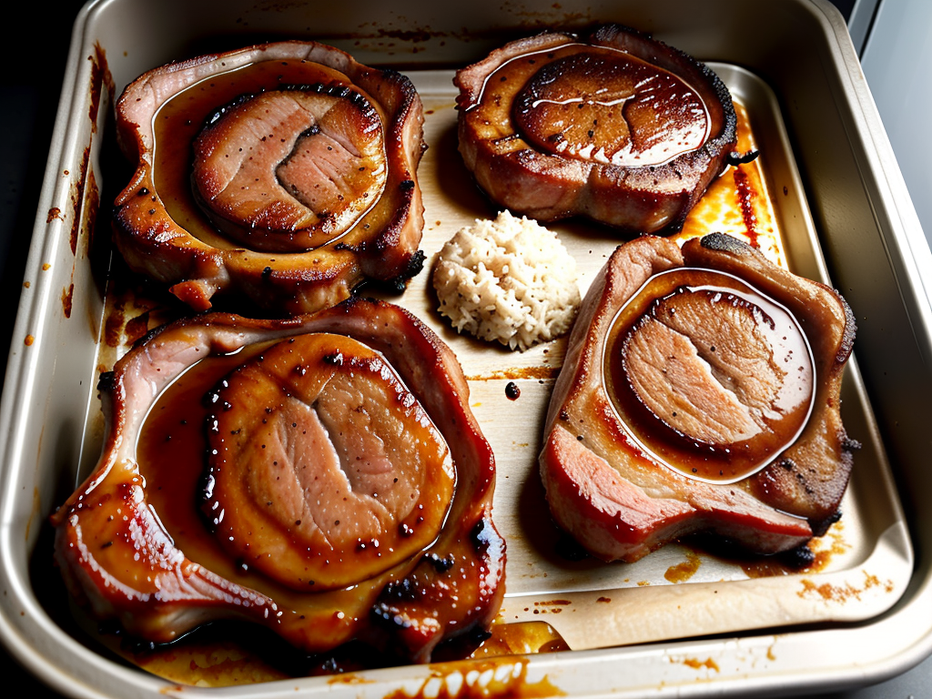 Deliciously Glazed Pork Chops with Rice in a Baking Dish Ready to Serve