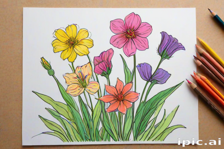 Vibrant Hand-Drawn Flower Bouquet with Colorful Crayons and Artistic Flair