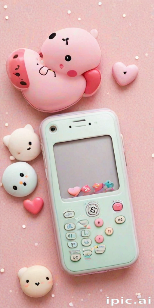 Adorable Pastel Phone Surrounded by Cute Character Accessories and Hearts