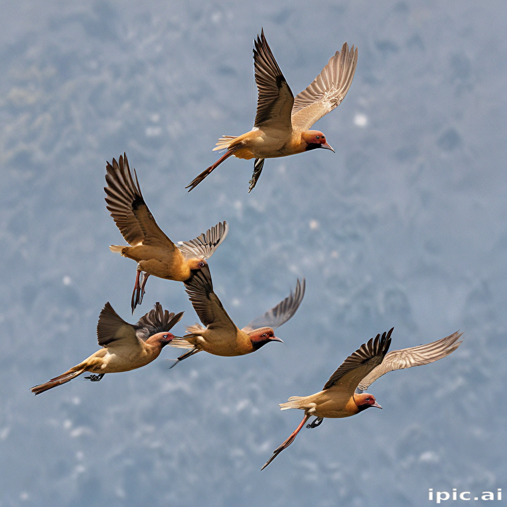 A Graceful Sequence of Birds in Flight Against a Misty Background.