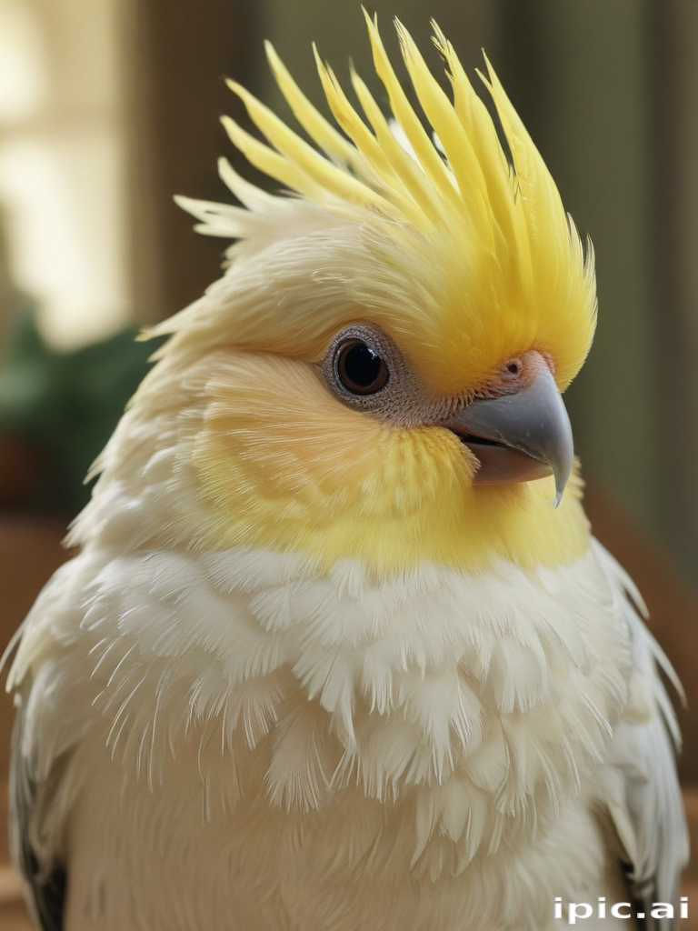 A Beautiful Cockatiel with Bright Yellow Crest and Soft White Feathers.