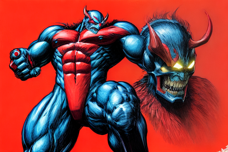 Red mutant human with four arms and four eyes screaming, half uper body