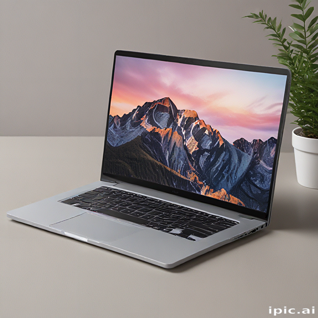 A Modern Laptop Displaying a Stunning Mountain Landscape on Screen.
