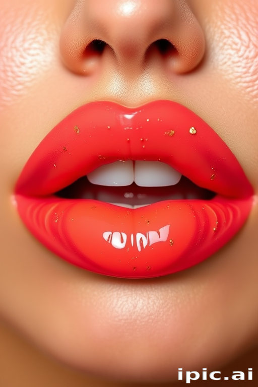 Close-Up of Glossy Red Lips with Sparkling Gold Accents and Shine