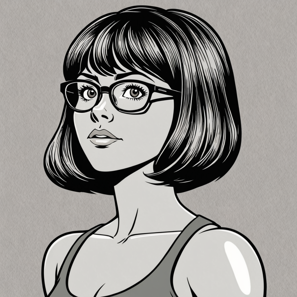 Velma Dinkley fron cartoon Scooby-Doo line art. Profile view.