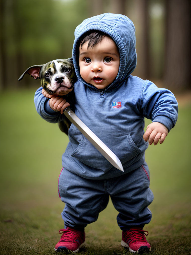 A baby with a sword facing multiple Pitbulls