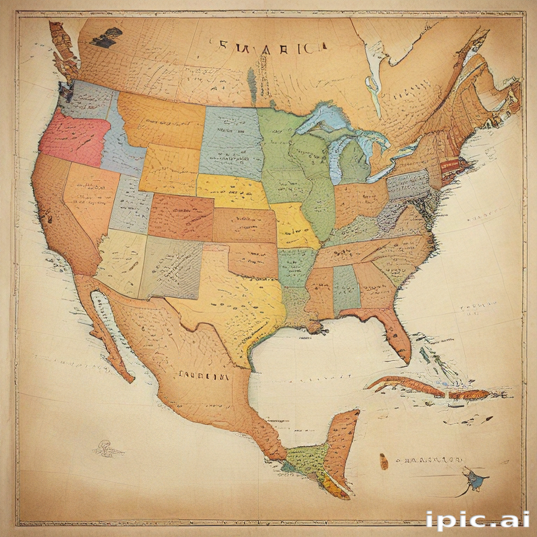 Vintage Map of North America Highlighting States and Geographic Features