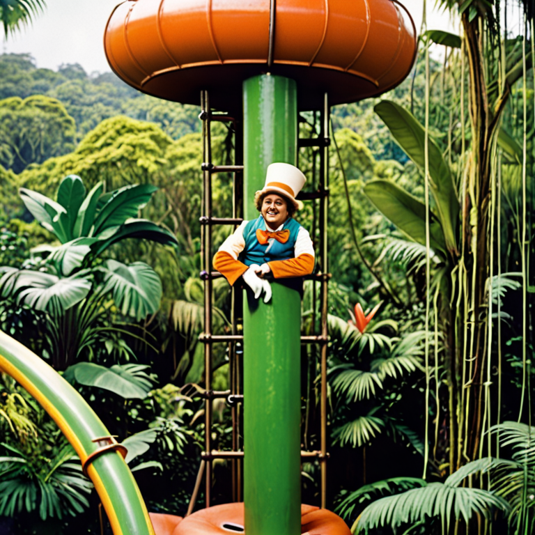 Oompa-Loompas tap-dance on a giant pipe in the jungle room