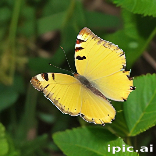 A Beautiful Yellow Butterfly Delicately Flutters Among Green Leaves ...