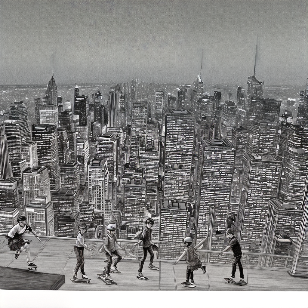 SKATERS IN HELIPAD ON A HIGH ROOFTOP. VERY CLOSE-UP LOOK. SKETCH STYLE ...