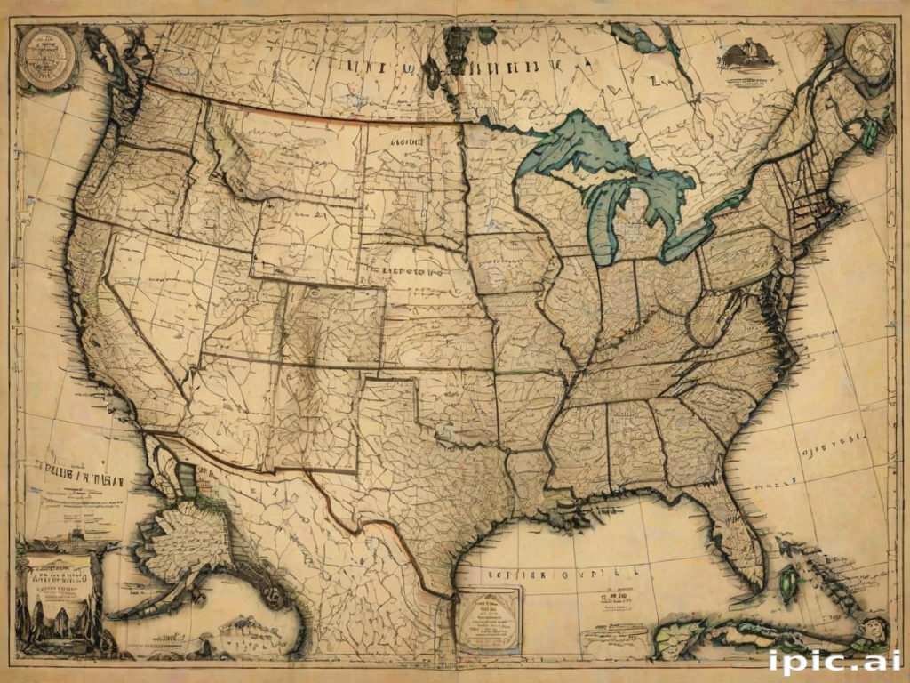Historical Map of the United States Highlighting State Boundaries and ...