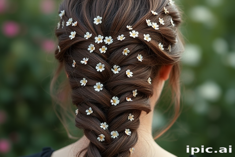 Beautifully Braided Hairstyle Adorned with Delicate White Flowers in Bloom