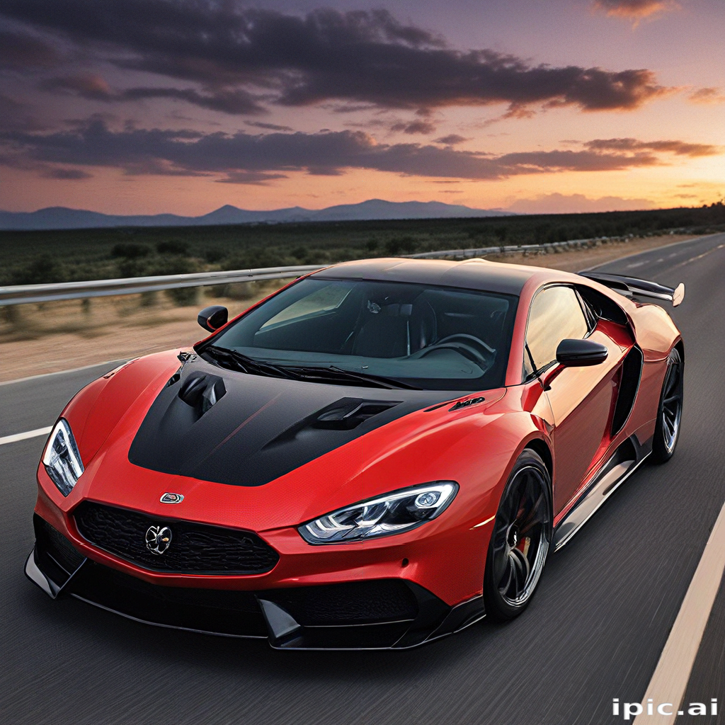 Stunning Red Sports Car Racing Along a Scenic Open Highway at Dusk