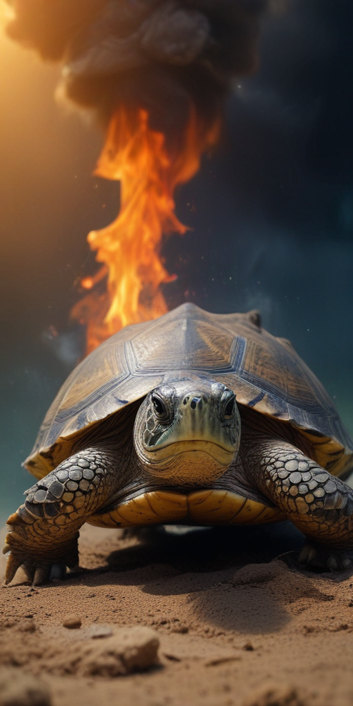 A Brave Turtle Stands Resilient Amidst a Fiery Explosion in Nature.