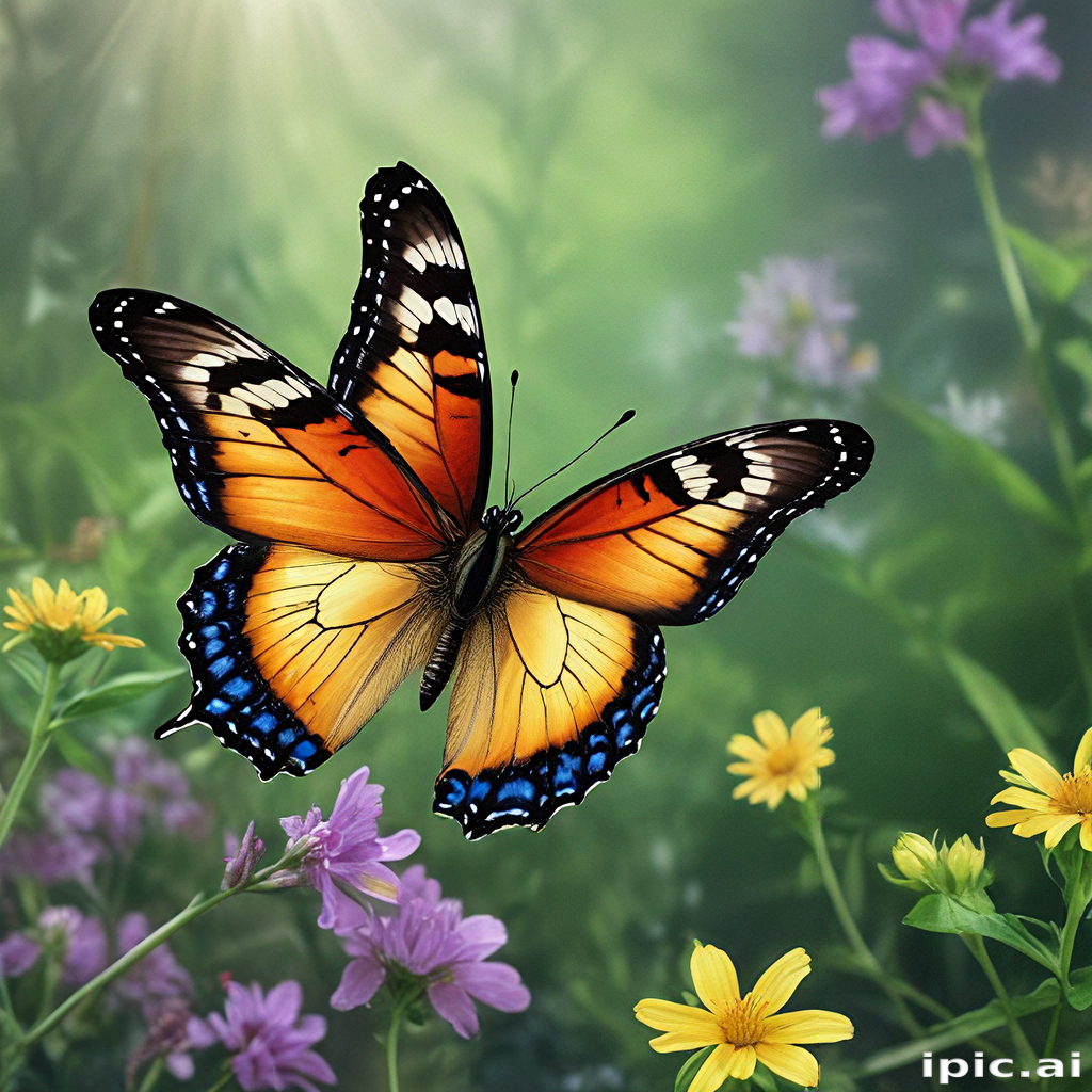 Colorful Butterfly Spreading Its Wings Among Vibrant Flowers in Nature