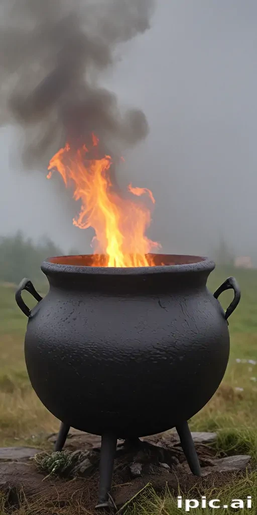 Majestic Black Cauldron with Flames and Smoke Against a Misty Background