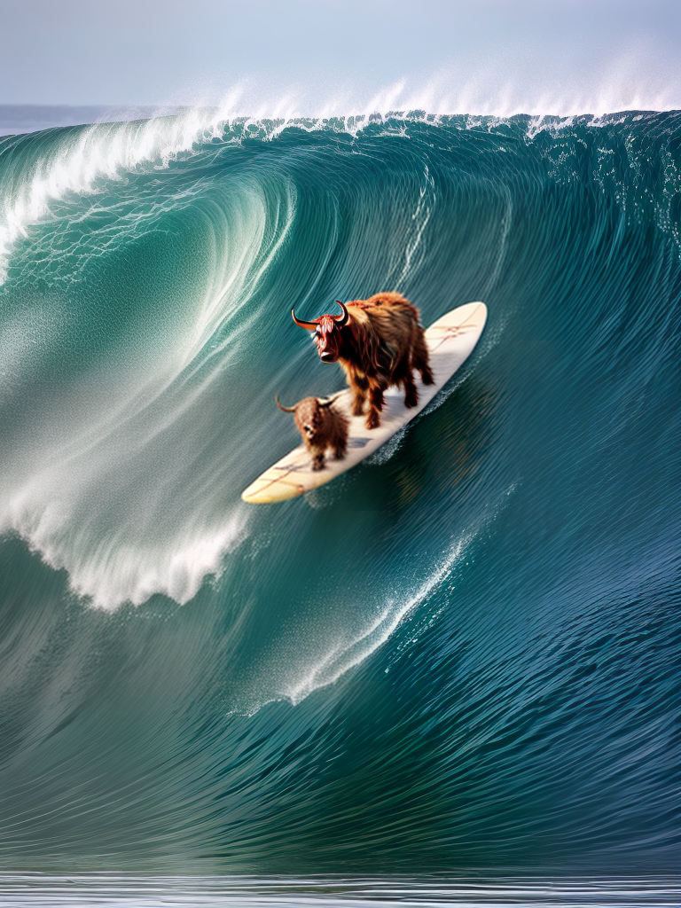 Highland cow surfing