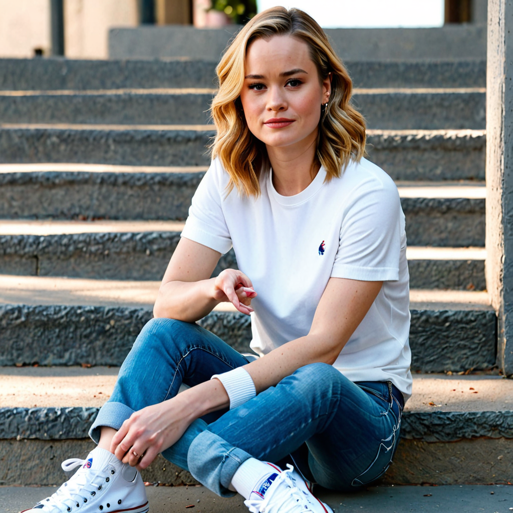 Mcu Brie Larson Carol Danvers Sitting in White Shirt, Blue Jeans, White ...