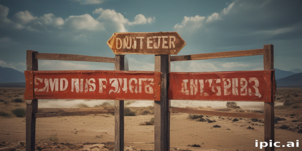 Desolate Landscape Featuring Weathered Signs with Mysterious Warnings and Directions