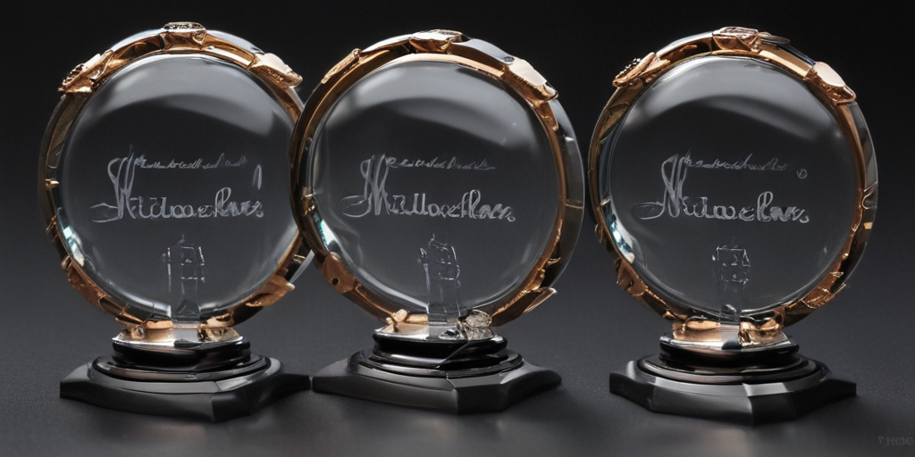 Three Elegant Glass Awards Displayed on Black Background with Gold Accents