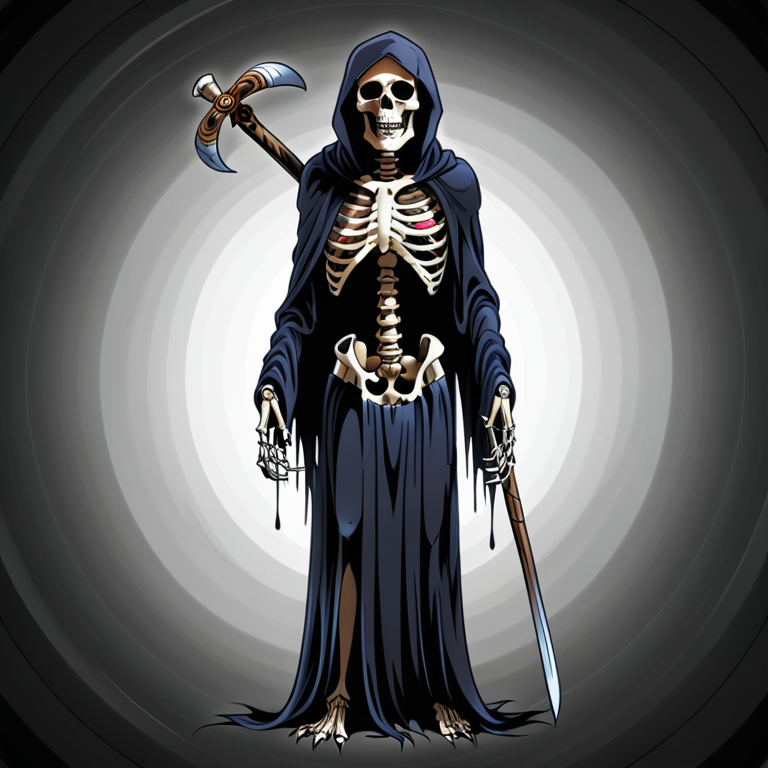 The Mysterious Skeleton Figure Cloaked in Dark Robes Holding a Scythe