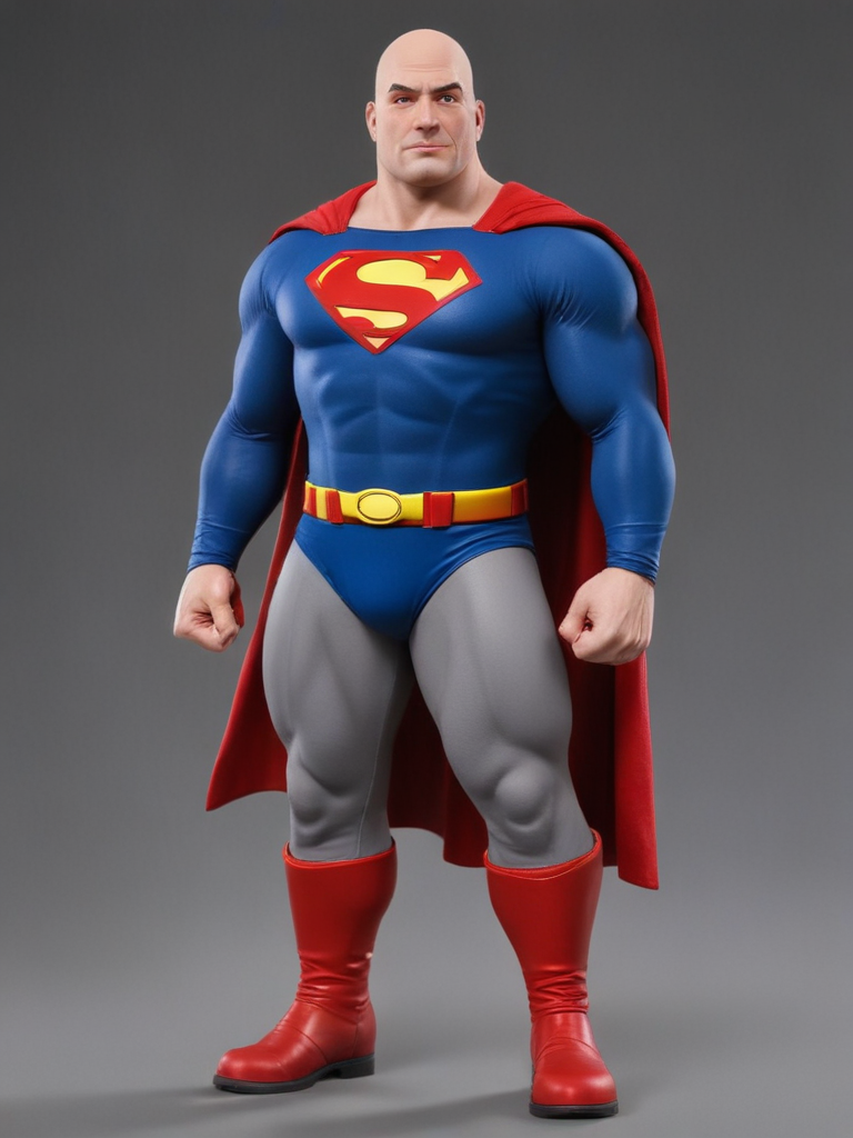 Realistic, chubby bald guy, realistic superman costume and red boots ...