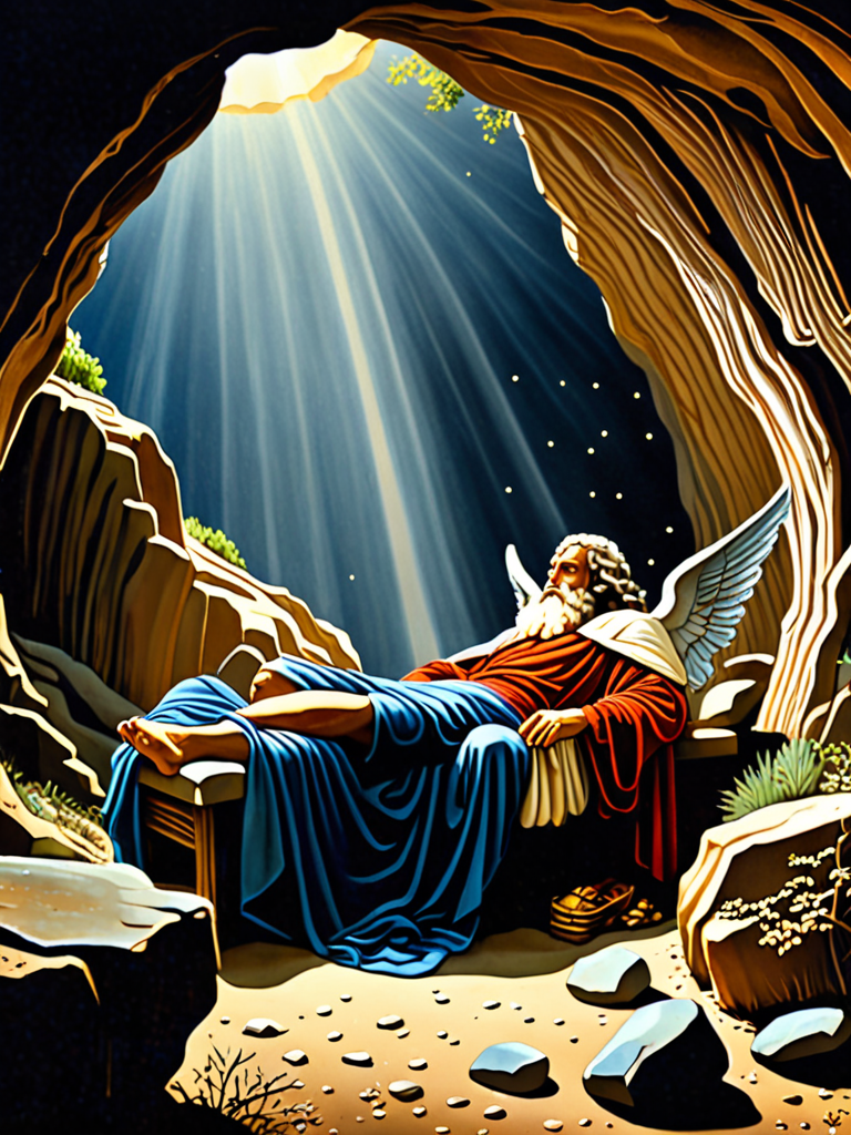 prophet Elijah sleeping in a cave being watched by an angel
