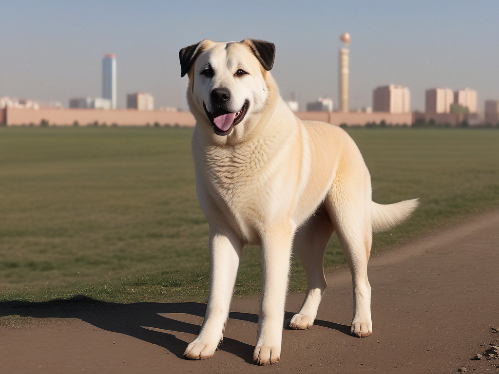 A Happy Dog Stands Proudly in a Scenic Urban Park Setting.
