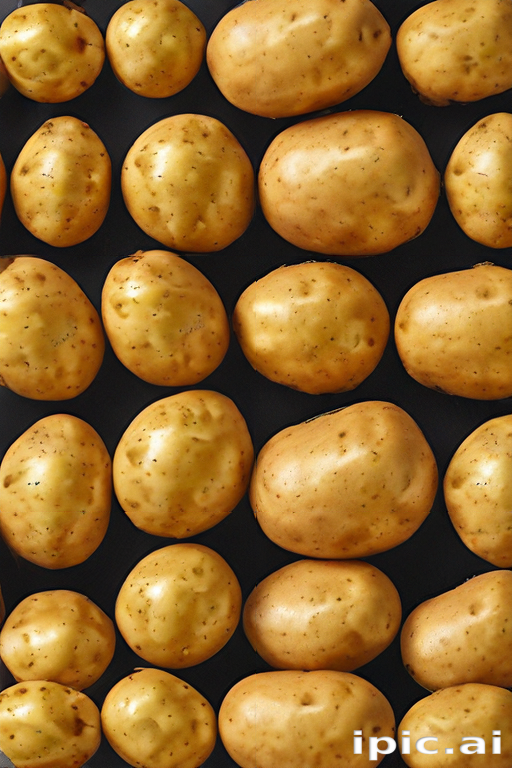 A Close-Up Display of Various Potatoes Arranged Neatly on a Surface.