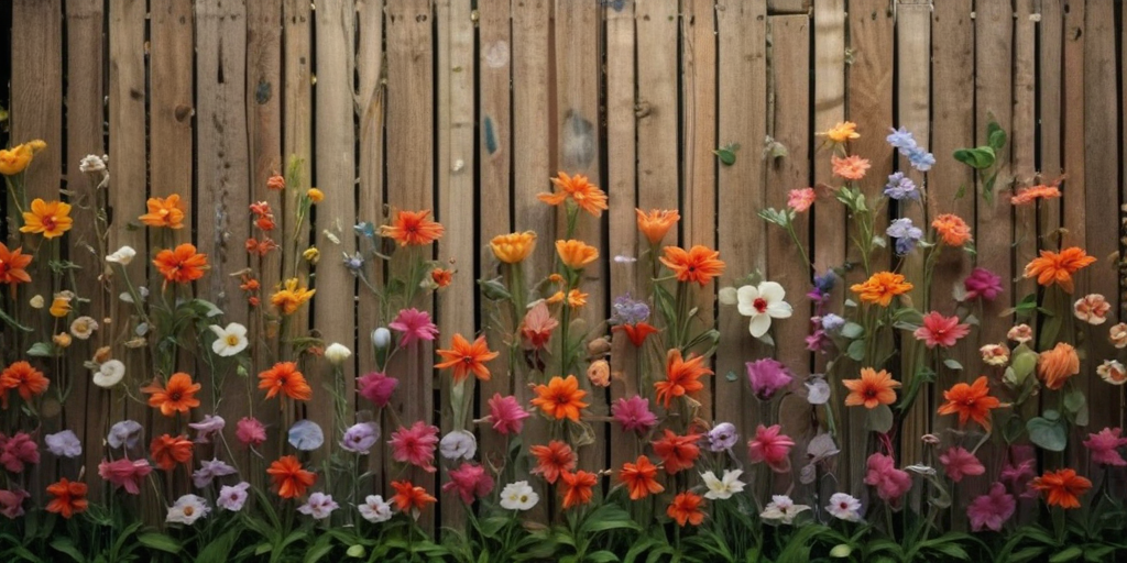 Vibrant Flower Garden Displaying a Variety of Colors Against Wooden Fence