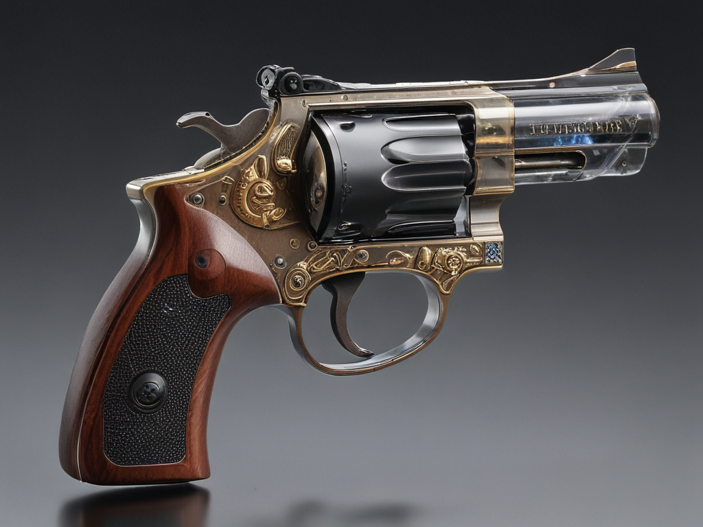 Intricately Designed Revolver with Elegant Wooden Grip and Unique Finish