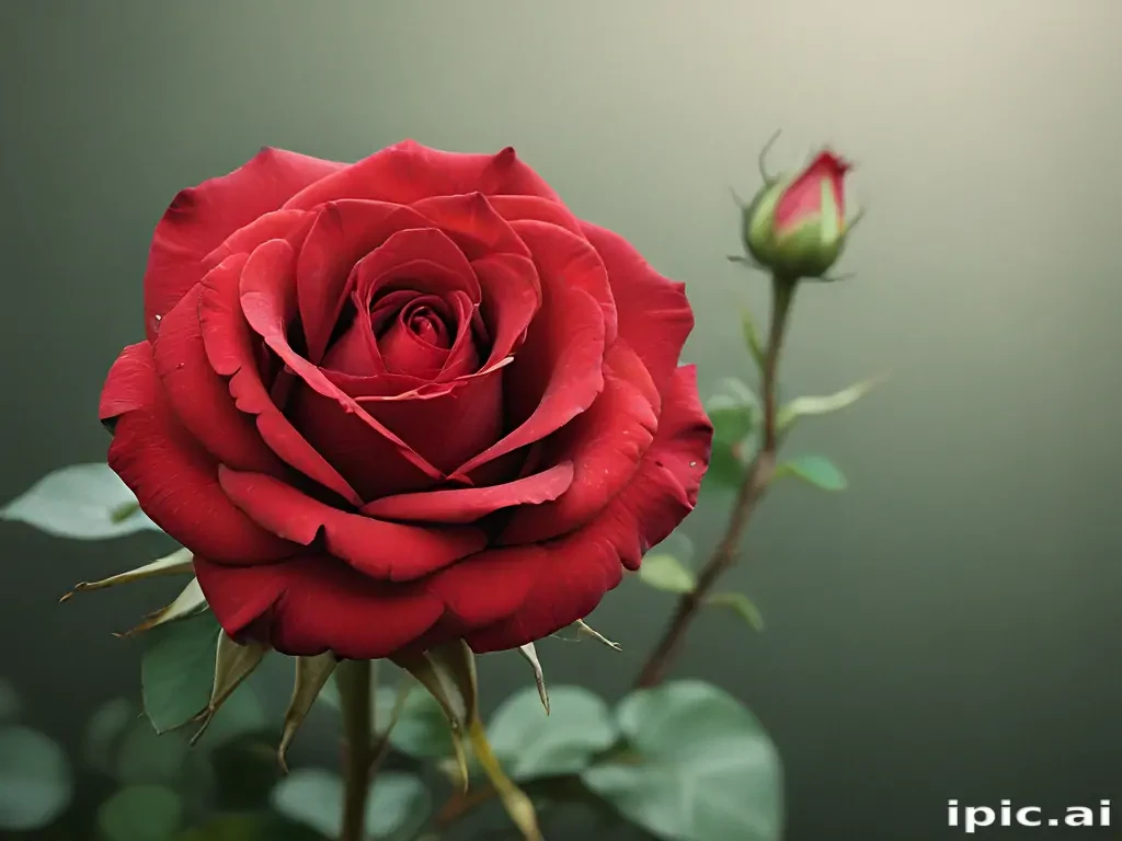 Beautiful Red Rose Blooming in Soft Light with Budding Companion Nearby