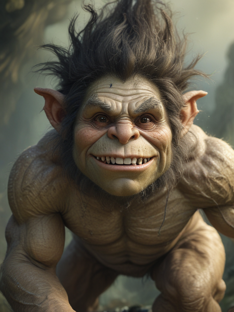 A Cheerful, Muscular Troll with Spiky Hair in a Lush Forest Setting