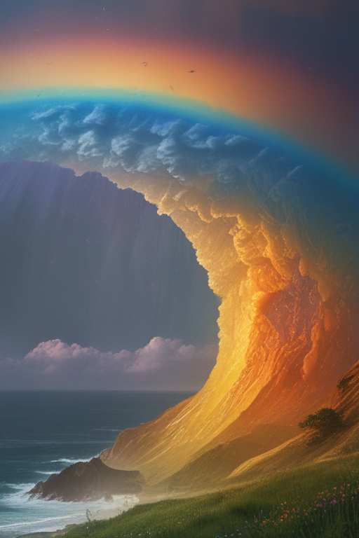 Majestic Rainbow Wave Crashing Over Serene Coastal Landscape at Dusk