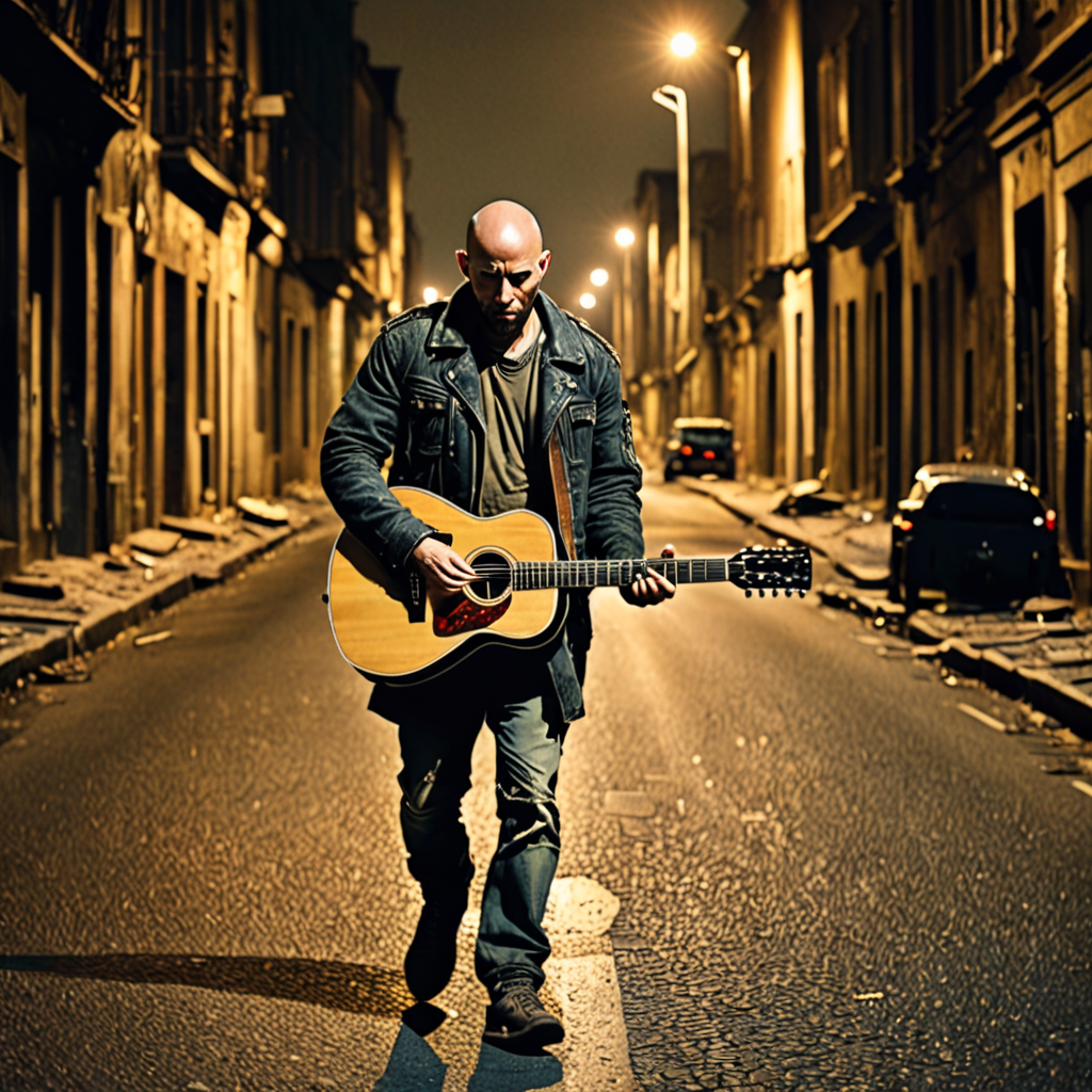 Bald man walking with a guitar in his hand, in The middle of the street ...